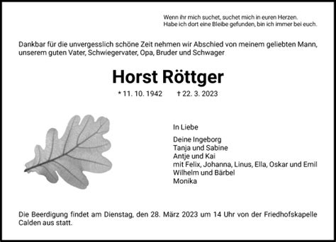 Traueranzeigen von Horst Röttger Trauer HNA de