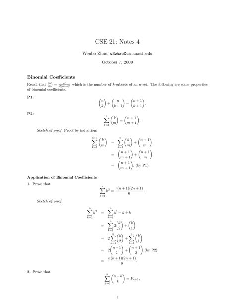 mathematics algorithm and systems analysis binomial coefficients cse 21 docsity