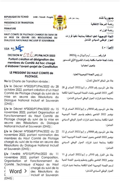 Tchad Les membres du comité ad hoc chargés délaborer lavant projet