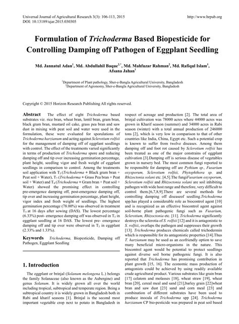 pdf formulation of trichoderma based biopesticide for controlling damping off pathogen of