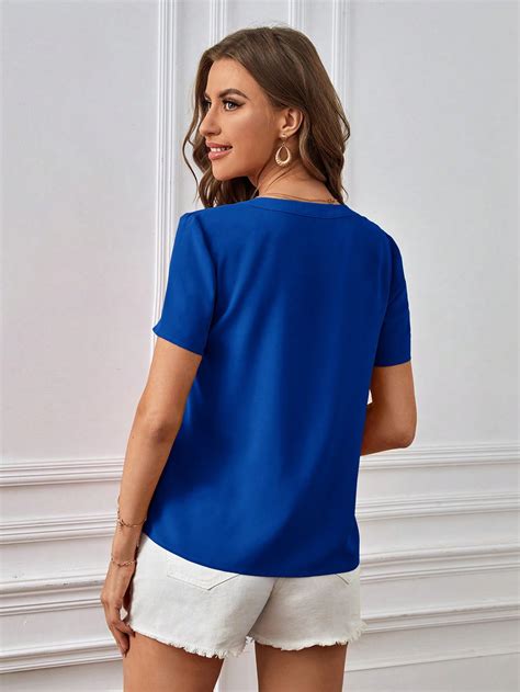 SHEIN Clasi Sólido Botão Frontal Gola Entalhado Blusa SHEIN Brasil