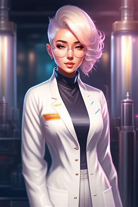 Lexica Beautiful Anime Girl With Short White Hair Wearing Lab Coat