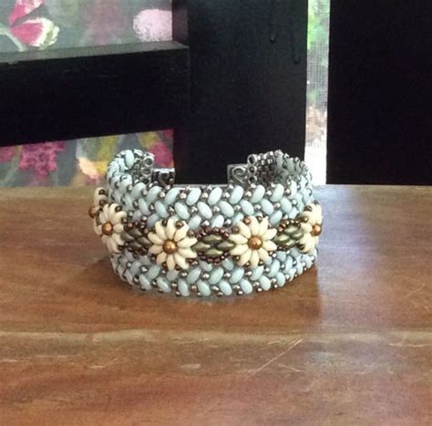Beaded Cuff Bracelet Sweet Sunflowers On Sky Blue By Spinplanet