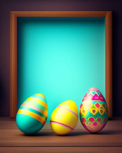 Tres huevos de pascua están sobre una mesa de madera con un marco de