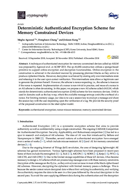 pdf deterministic authenticated encryption scheme for memory constrained devices jinkeon