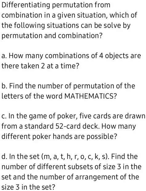 solved differentiating permutation from combination in a given situation which of the