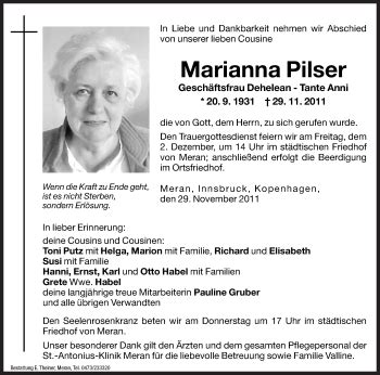 Traueranzeigen Von Marianna Pilser Trauer Bz