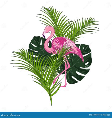 Pink Flamingo With Tropical Plants Monstera And Palm Trees Stock