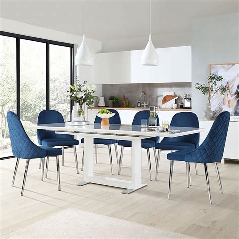 Tokyo Extending Dining Table 4 Ricco Chairs White High Gloss Blue
