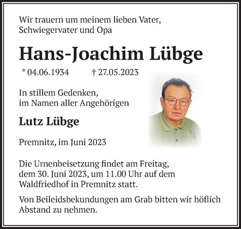 Traueranzeigen von Hans Joachim Lübge Märkische Onlinezeitung