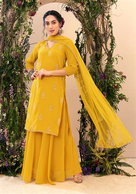 Buy Women Mustard Yellow Sequin Embroidered Kurta With Pants And