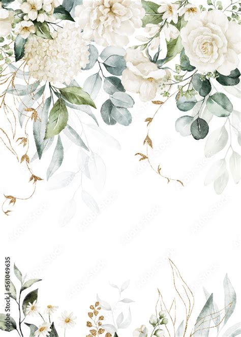 Watercolor Floral Frame Border With White Flowers Rose Peony Green