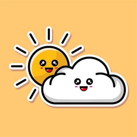 Lindo diseño de dibujos animados de sol y nubes Vector Premium