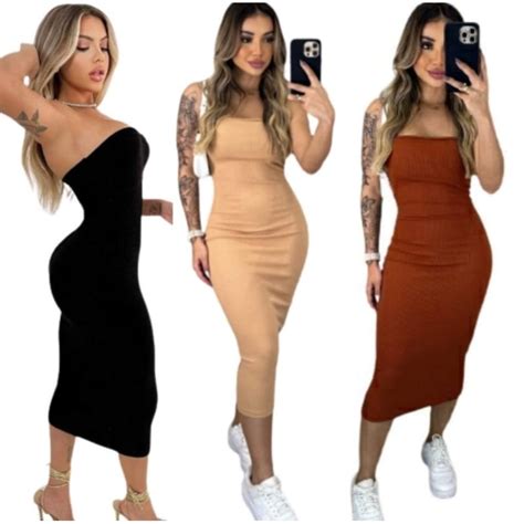 Vestido Tubinho Midi Tomara Que Caia Justo No Anarruga Casual E