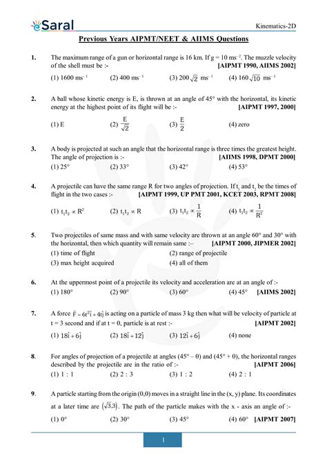 kinematics 2d projectile motion neet previous year question with complete solution