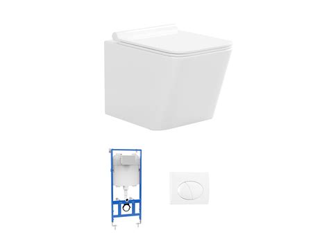 Pack WC suspendu en céramique blanc avec bâti support et plaque de