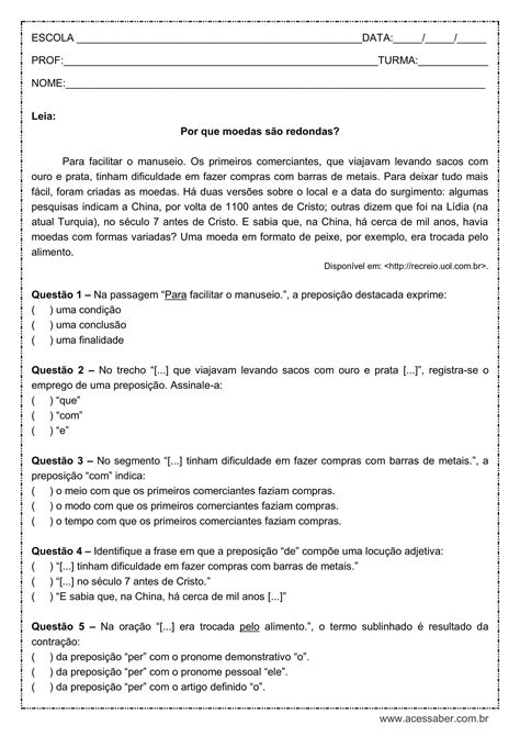 Atividade de português Preposições 7º ano