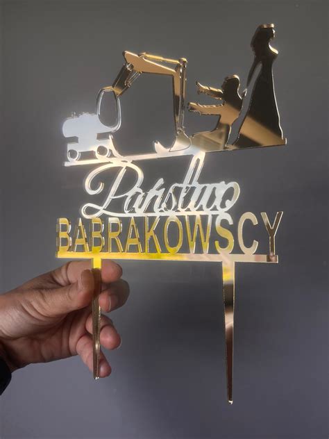 Personalizowany Topper na tort weselny Koparka złoty Pracownia NINEX
