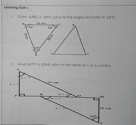 solved learning task i 1 given abc≌ xyz solve for the angles and sides of xyz x γ 2 [math]
