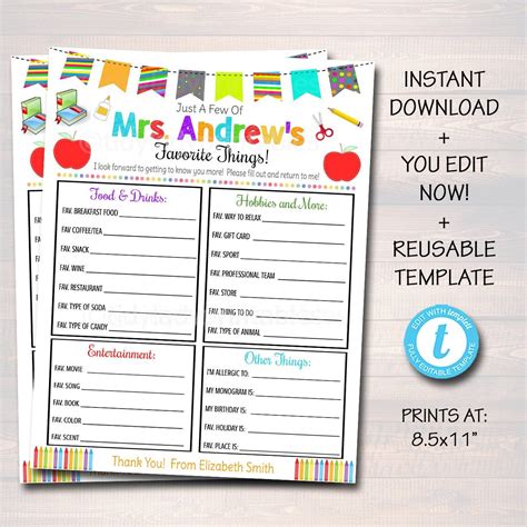 Teacher Favorite Things Template Editable