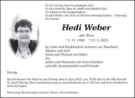 Traueranzeigen Von Hedi Weber Saarbruecker Zeitung Trauer De