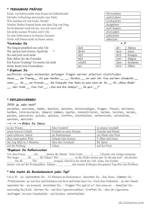 Trennbare Verben reflexive Verben Deutsch DAF Arbeitsblätter pdf doc