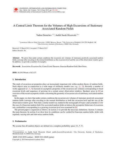 pdf a central limit theorem for the volumes of high excursions of stationary associated random
