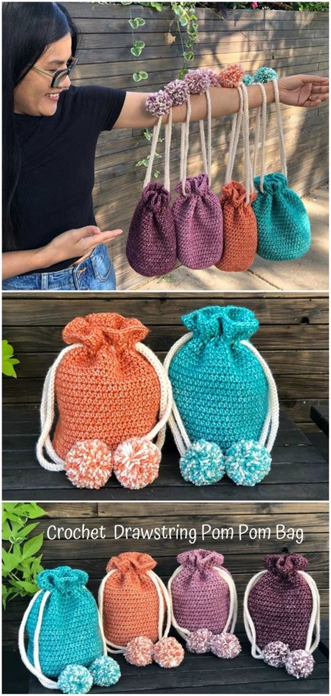 Drawstring Pom Pom Bag Free Crochet Pattern