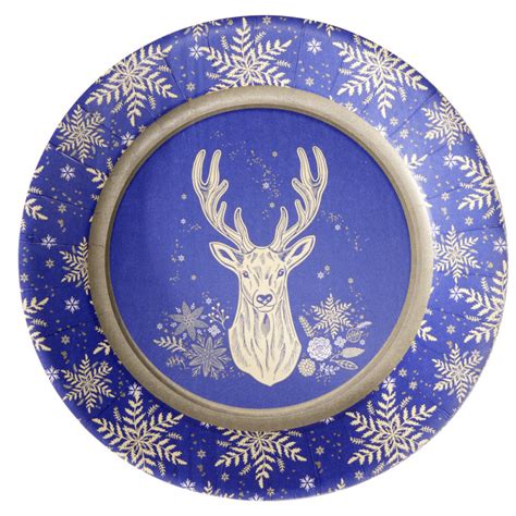 Assiette jetable en carton bleu motif cerf doré x10