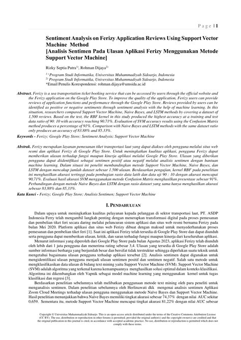pdf sentiment analysis on ferizy application reviews using support vector machine method