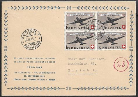 1944 Sonderbrief Jubil Flug LAUSANNE ZH F40 4erBlock Ab 1 Kaufen
