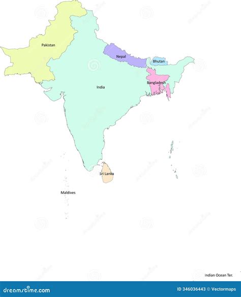 Indian Subcontinent Map With Countries By Colour And Names Stock