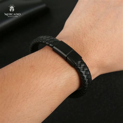 Pulseira Masculina De Couro Trançado Preto Fecho Imã Aço Inox