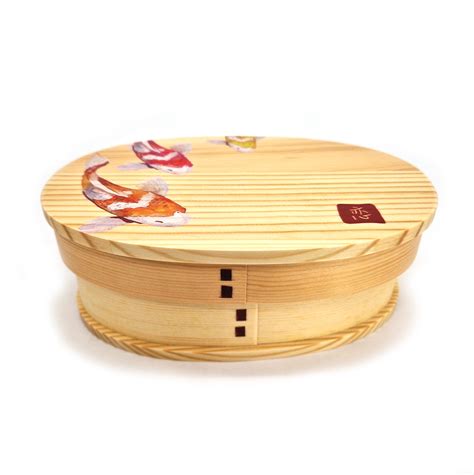 Boîte à repas Bento japonaise ovale en bois motif poissons NISHIKI 1