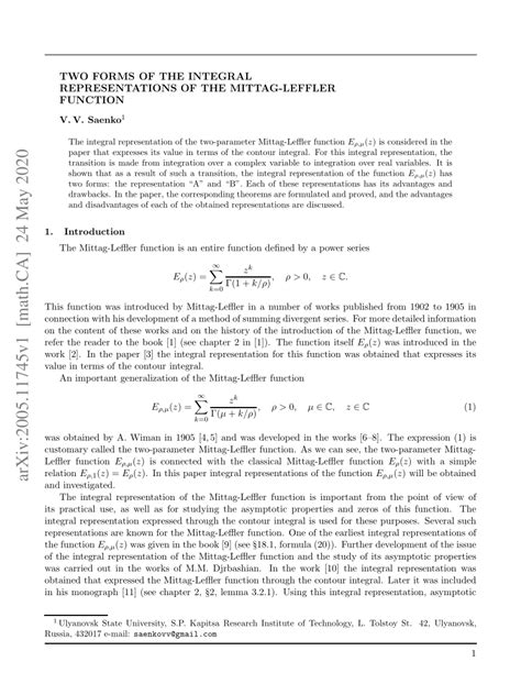pdf two forms of the integral representations of the mittag leffler function