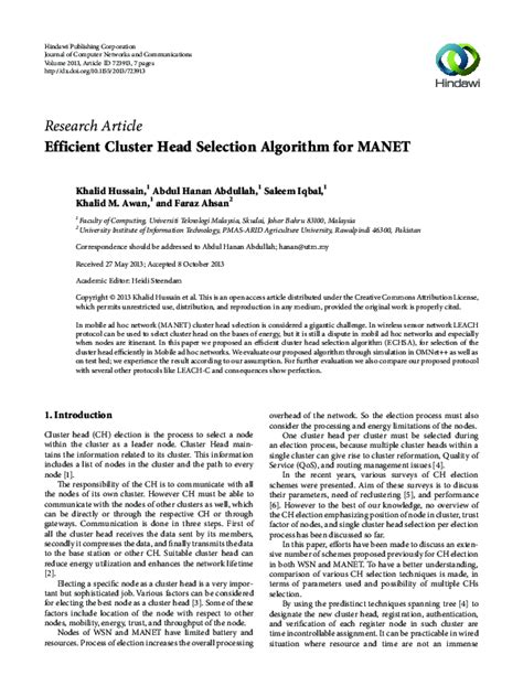 pdf efficient cluster head selection algorithm for manet khalid m awan