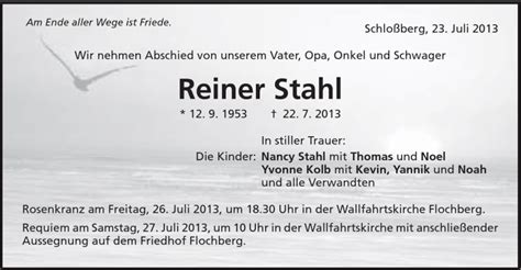 Traueranzeigen Von Reiner Stahl OstalbTrauer