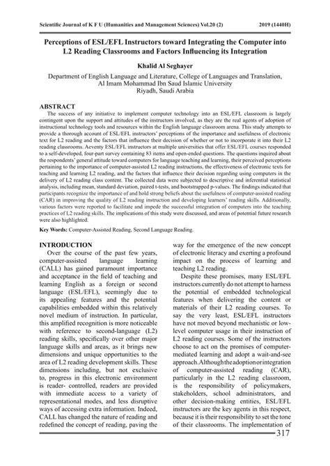 pdf perceptions of esl efl instructors toward integrating the computer into l2 reading