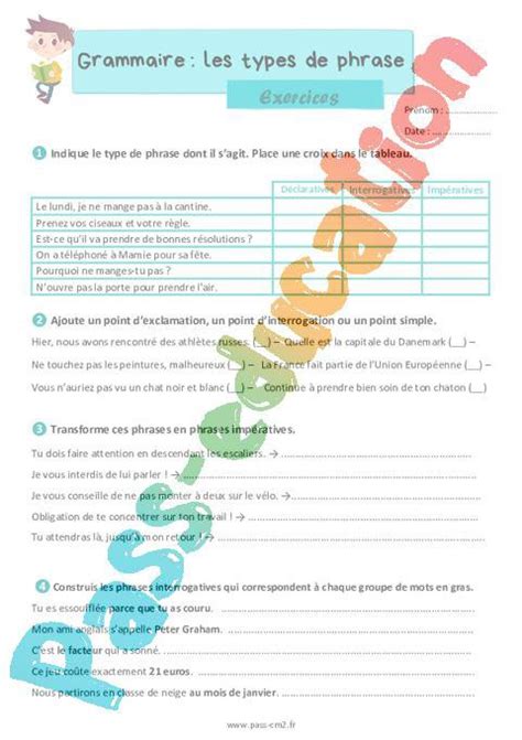 Les types de phrase Exercices de grammaire pour le cm2 PDF à