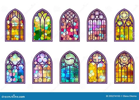 Gothic Windows Set Vintage Stained Glass Church Frames Element Of