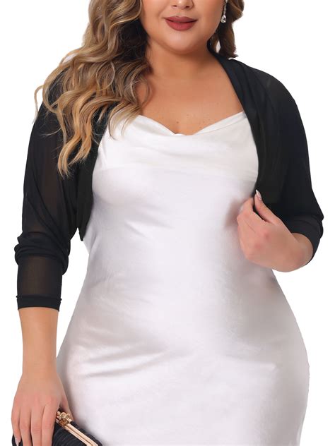 Unique Bargains Women Plus Size Mesh Crop Cardigans Long Sleeve Sheer