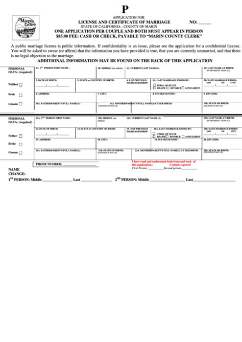 Printable Marriage License Application California Printable Application