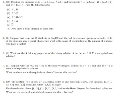 solved 1 18 consider the universal set u {a b c d e