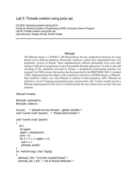 lab 5 threads creation using posix api pthread pdf thread computing software development