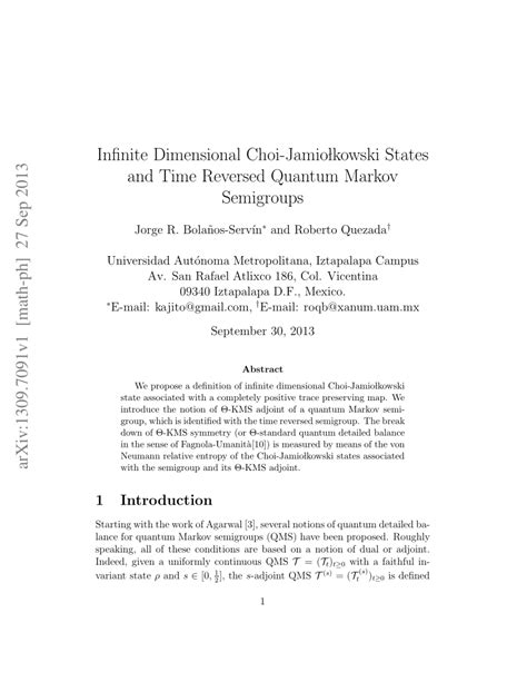 pdf infinite dimensional choi jamiolkowski states and time reversed quantum markov semigroups