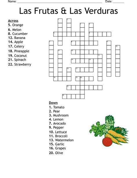 Fruits And Vegetables In Spanish PDF Crossword Puzzle Spanish