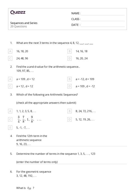50 Sequences And Series Worksheets For 10th Class On Quizizz Free
