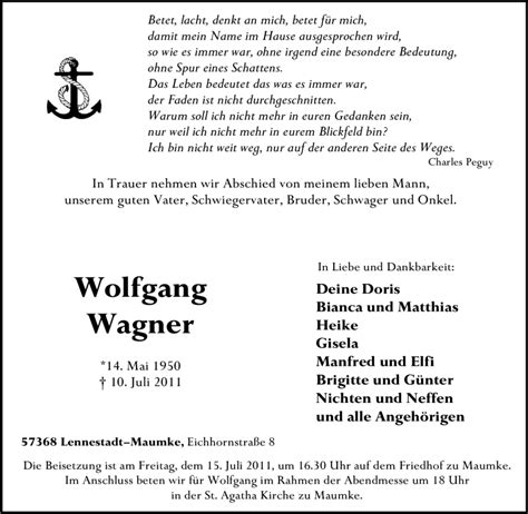 Traueranzeigen Von Wolfgang Wagner Trauer In NRW De