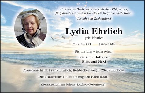 Das Trauerportal für Lüchow Dannenberg Todesanzeigen Lydia Ehrlich