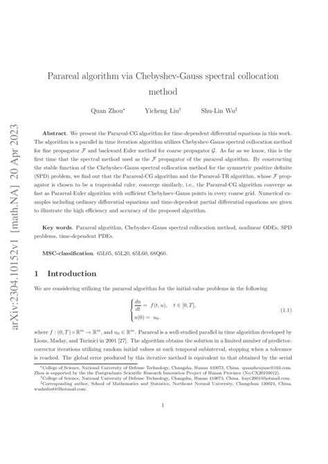 parareal algorithm via chebyshev gauss spectral collocation method deepai